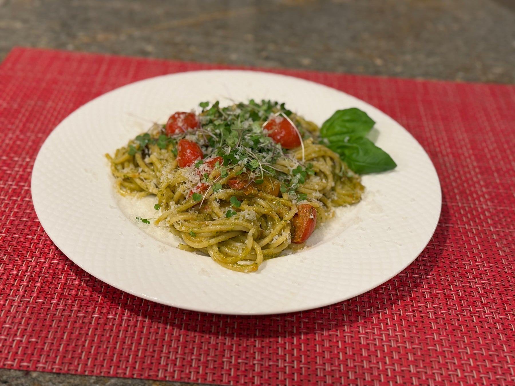 Broccoli Microgreens Pesto Pasta with Tomatoes - ZestiGreens